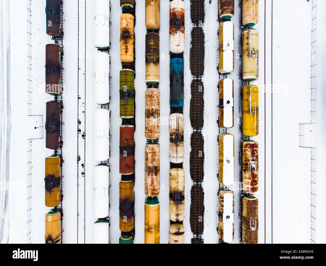 Aerial view of colorful freight train cars on the railway station ...
