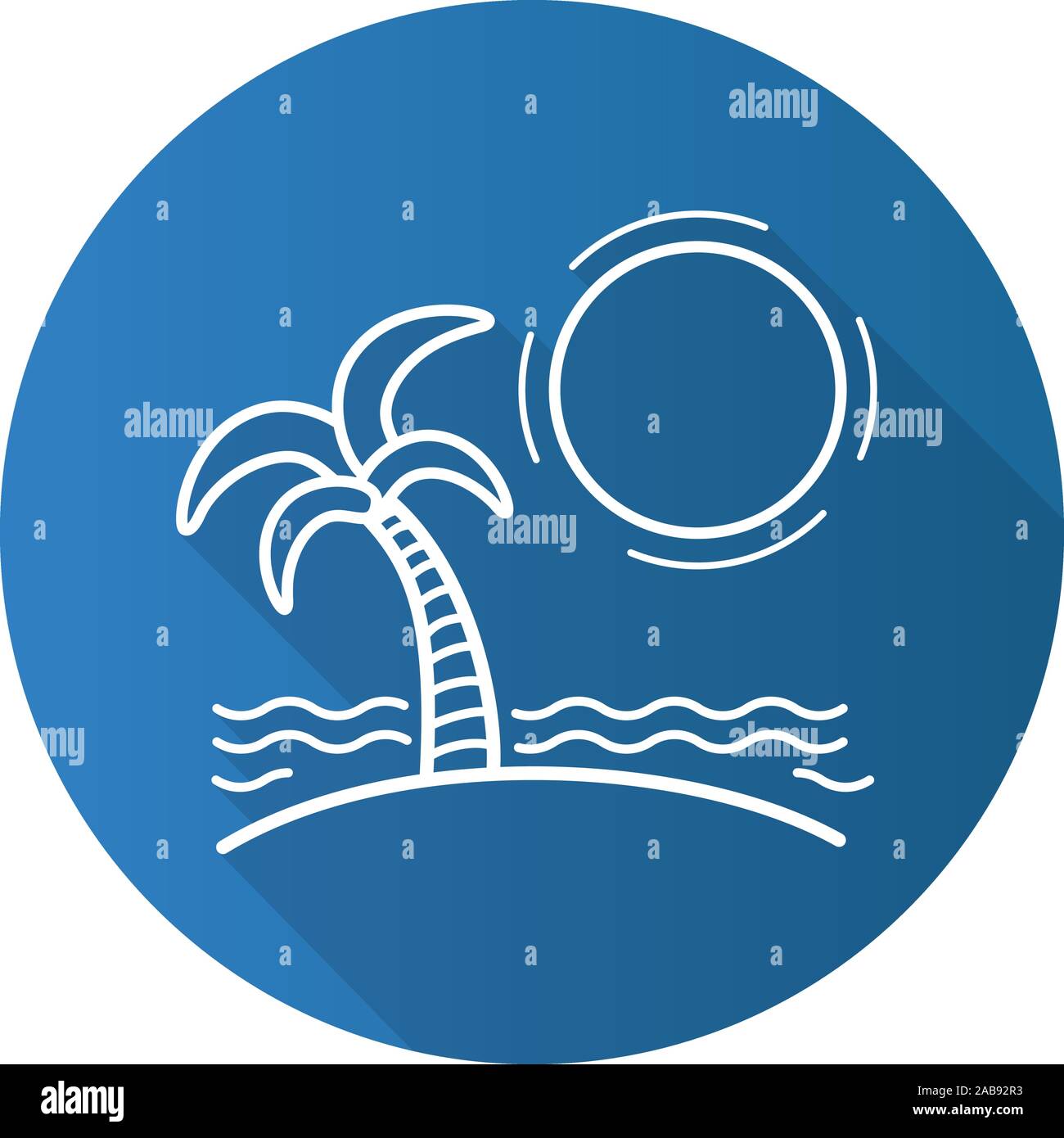 Tropical island with sun, waves and palm tree flat linear long shadow ...