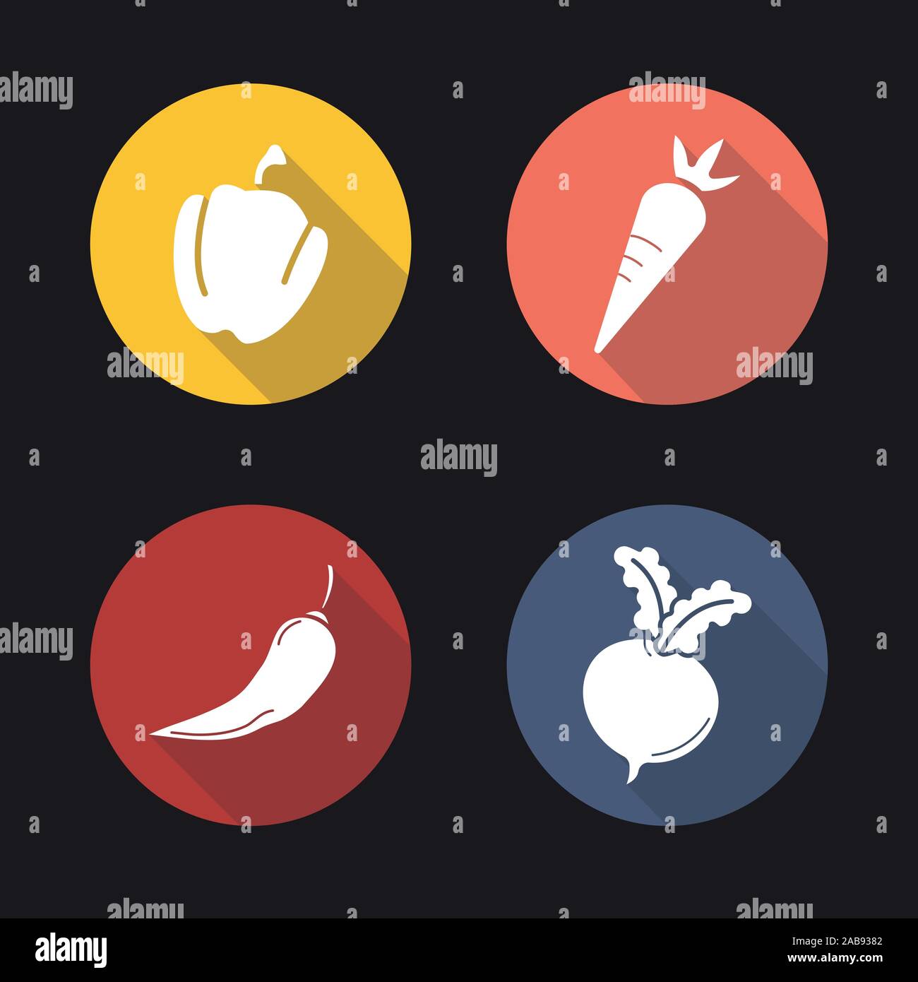 Vegetables flat design long shadow icons set. Capsicum, carrot, hot ...