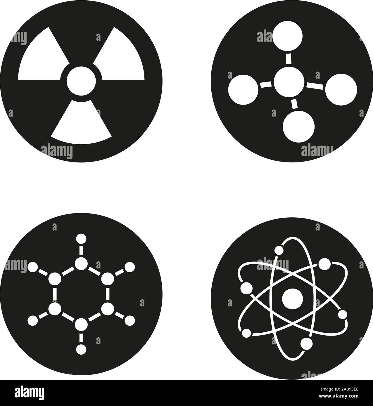 Chemistry and physics icons set. Atom, molecule and radioactive caution ...