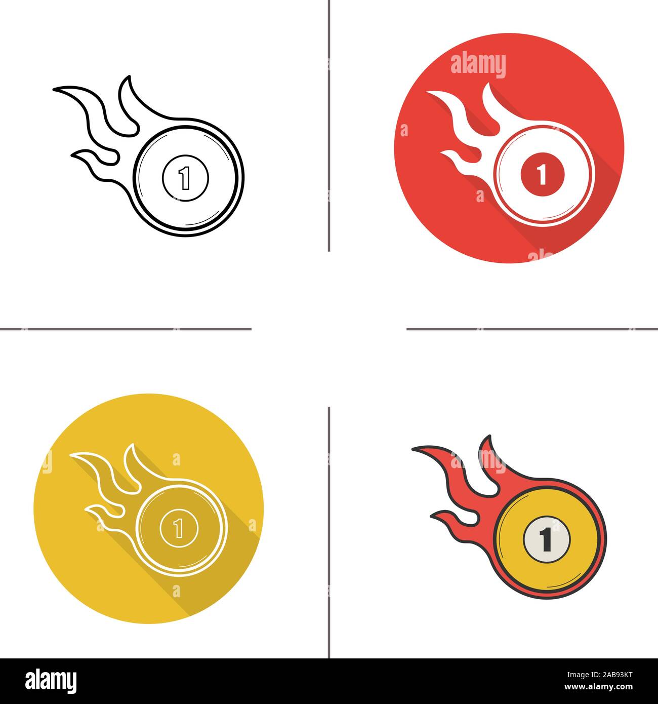 Burning billiard ball icon. Flat design, linear and color styles ...
