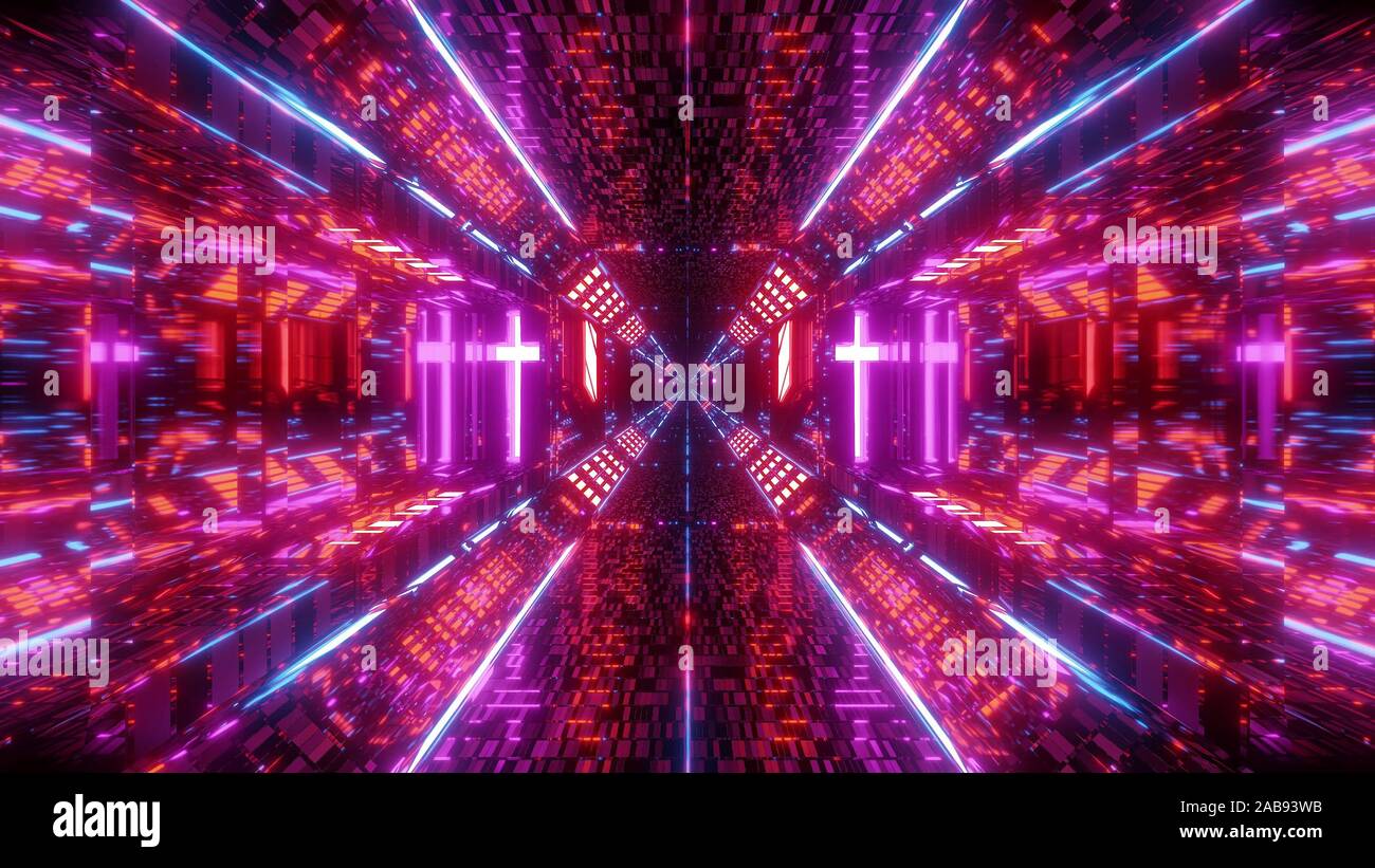 high reflective bricks textured futuristic sc-fi tunnel corridor with ...