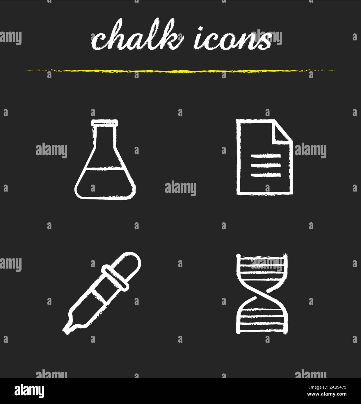 Chemical laboratory chalk icons set. Beaker with liquid, lab test paper ...
