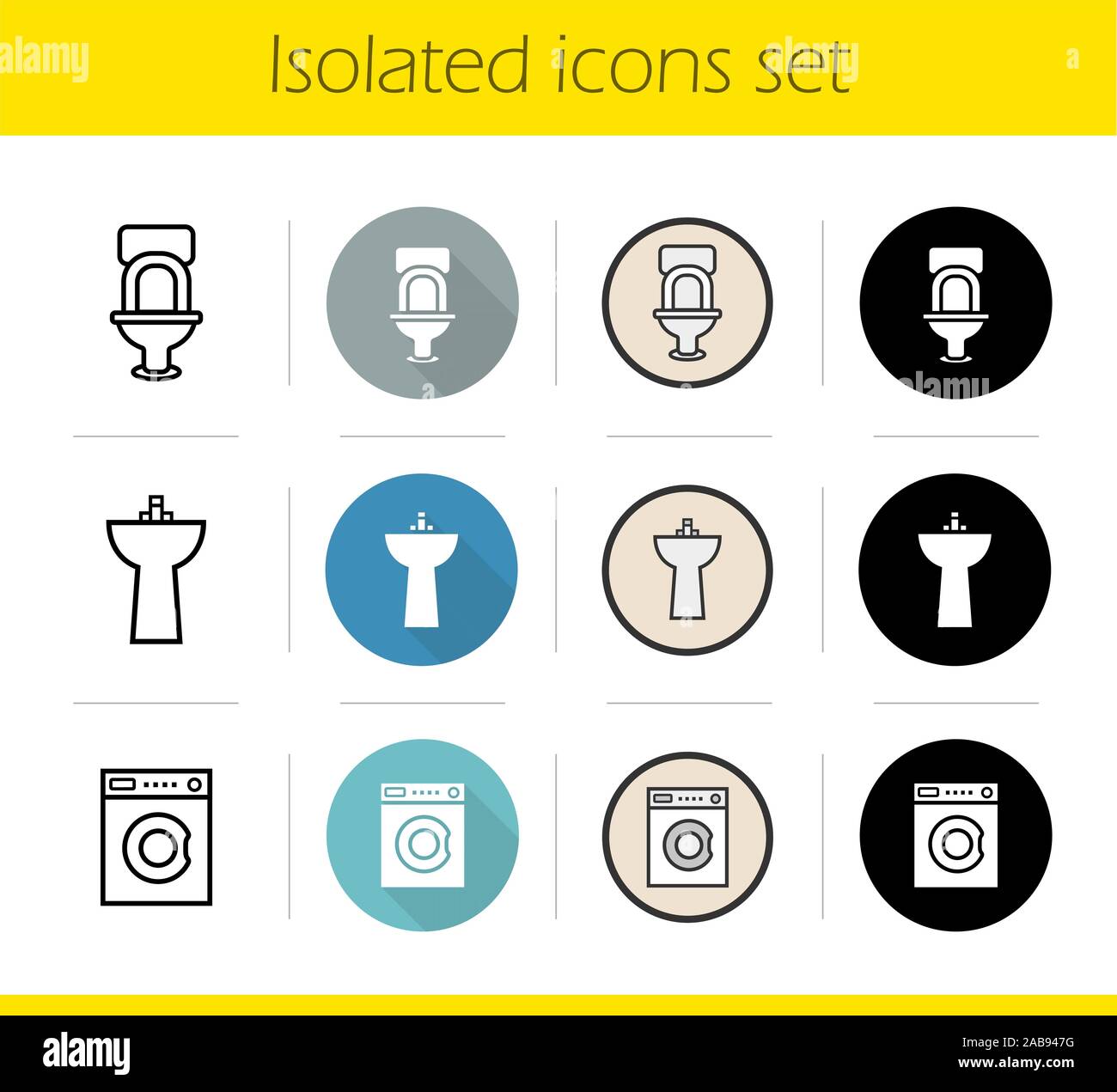 Bathroom interior icons set. Flat design, linear, black and color ...