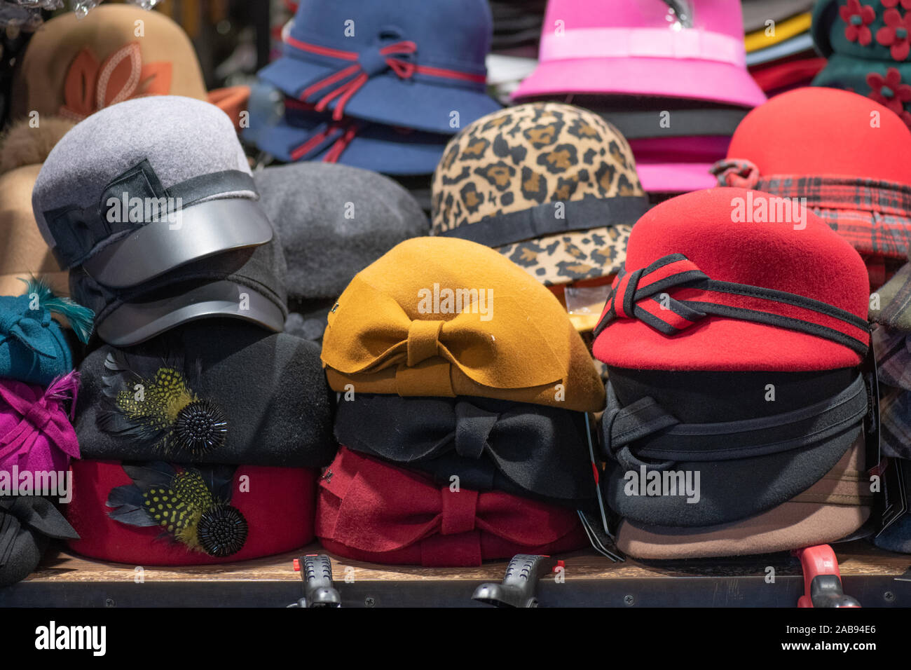 An array of different hats on display at Covent Garden Market Stock ...