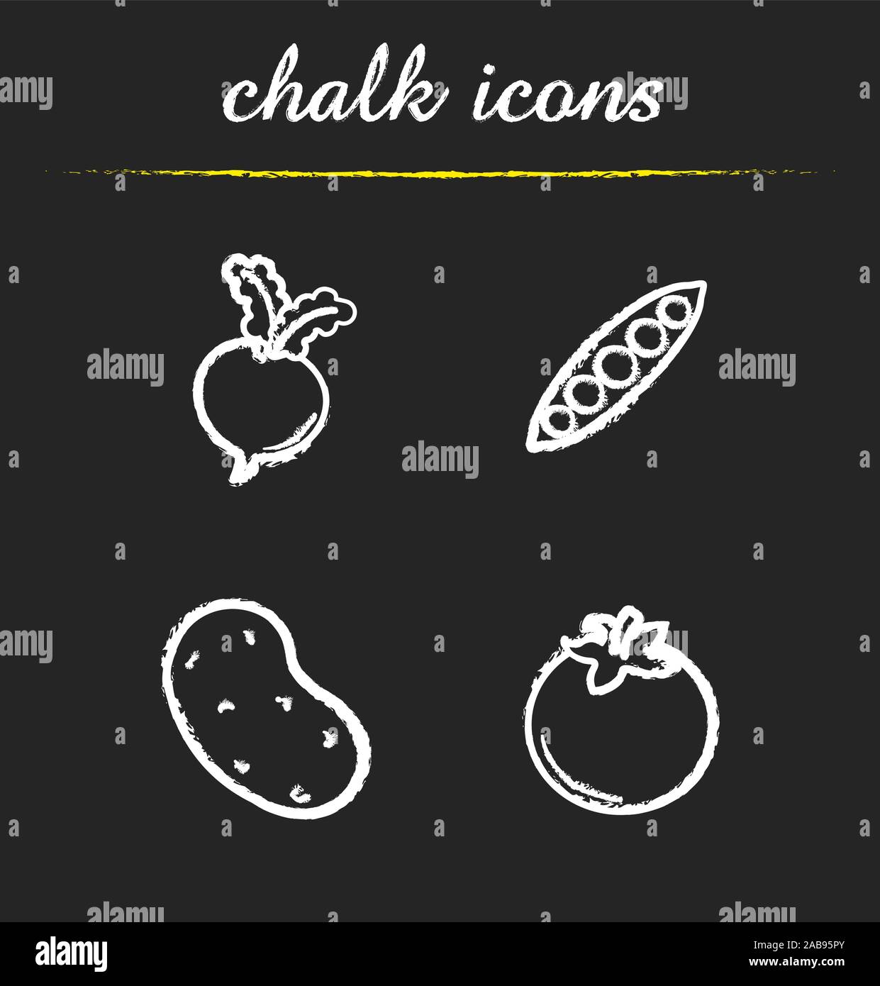 Vegetables chalk icons set. Beet root, open pea pod, potato and tomato ...