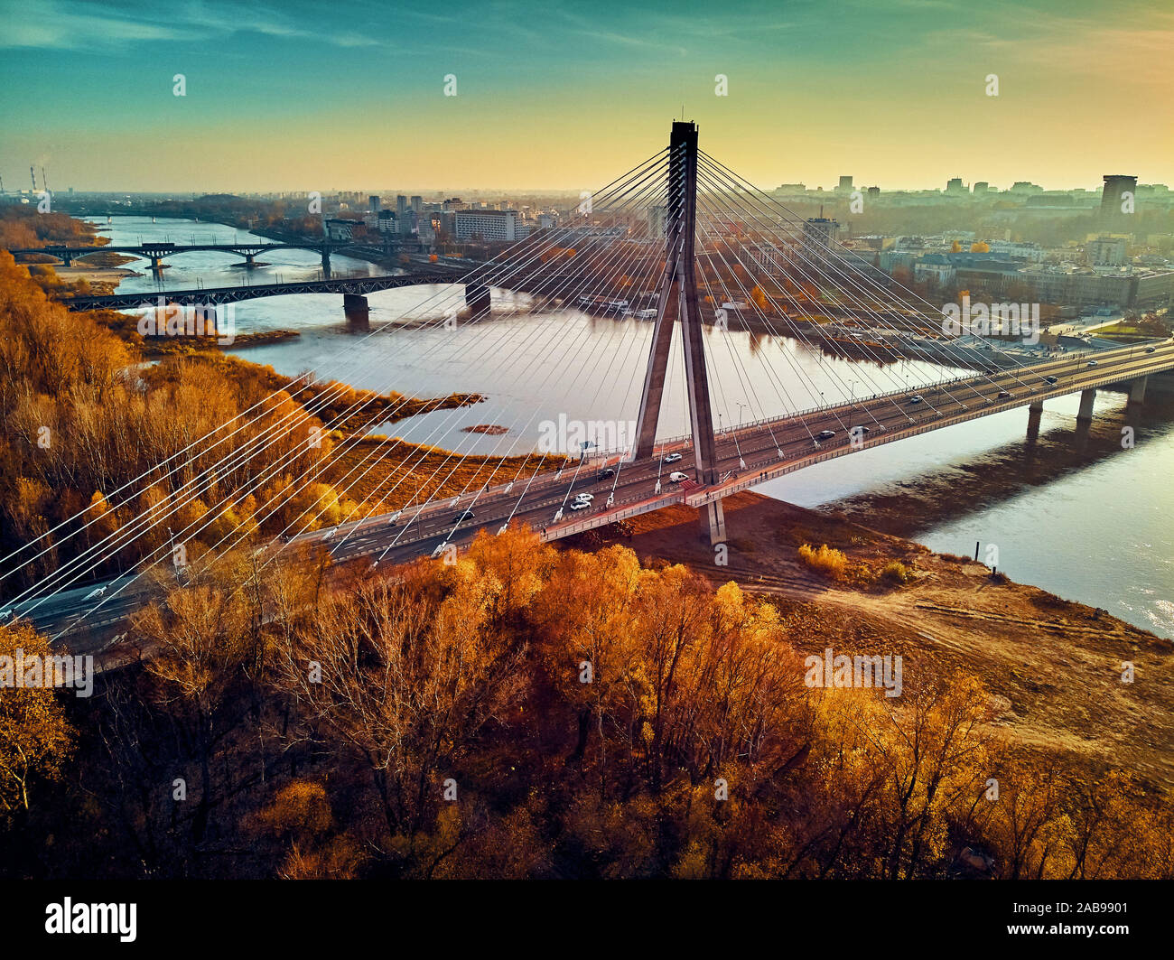 Beautiful panoramic aerial drone sunset view to Warsaw city center with ...