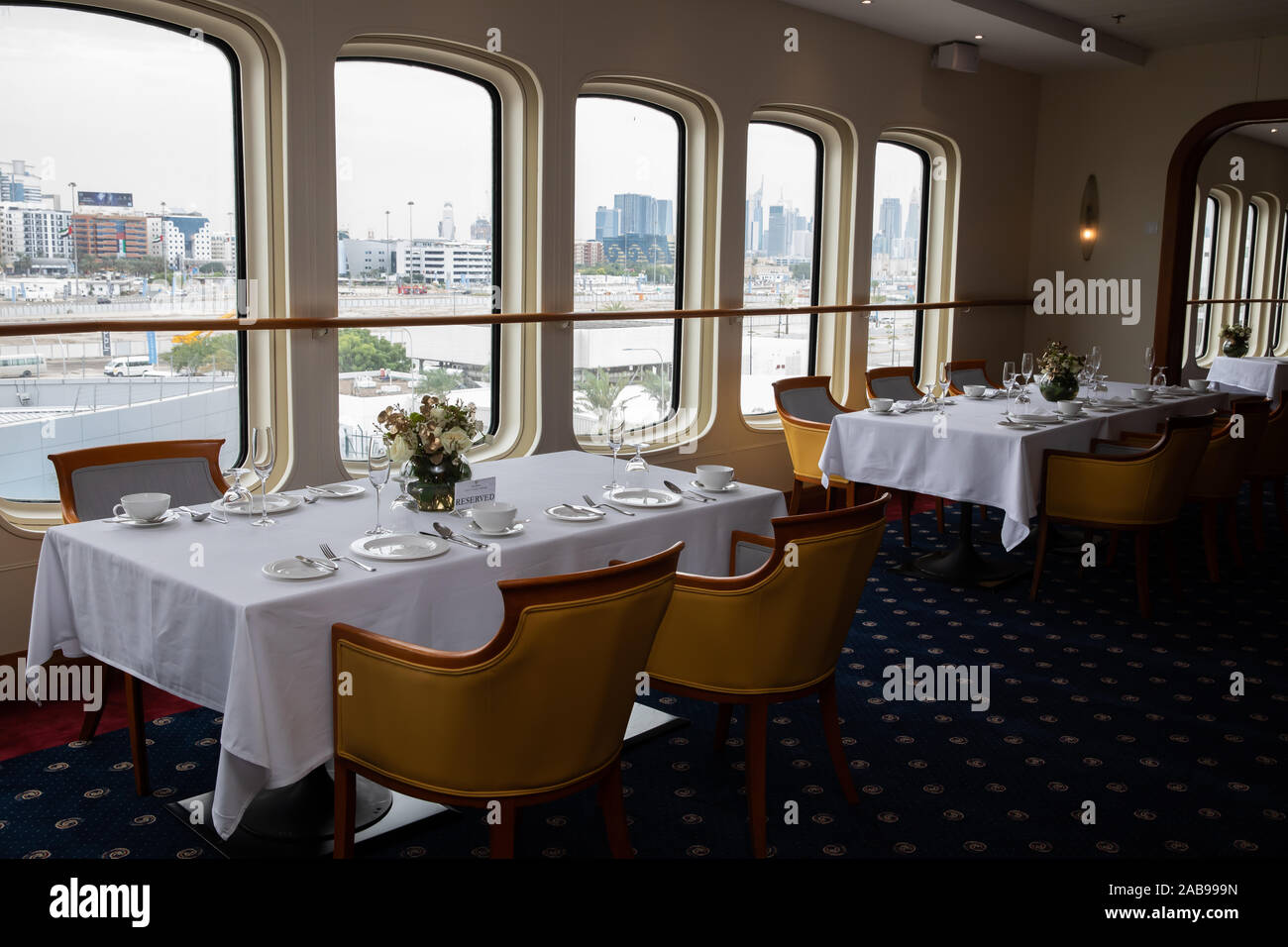 Dining room onboard Queen Elizabeth 2 docked in Dubai, UAE which is now ...
