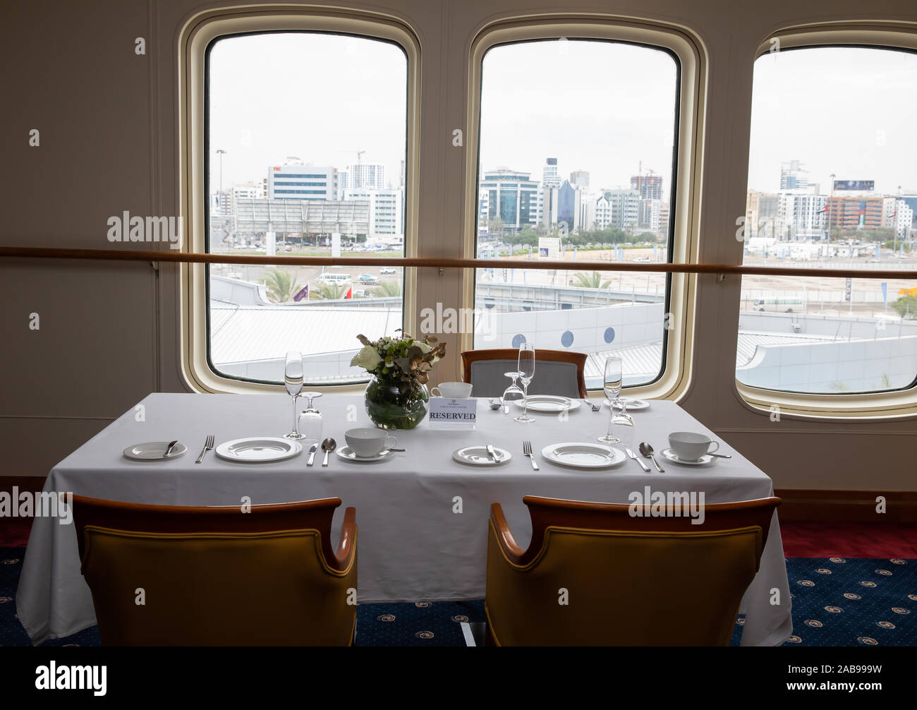 Dining room onboard Queen Elizabeth 2 docked in Dubai, UAE which is now ...