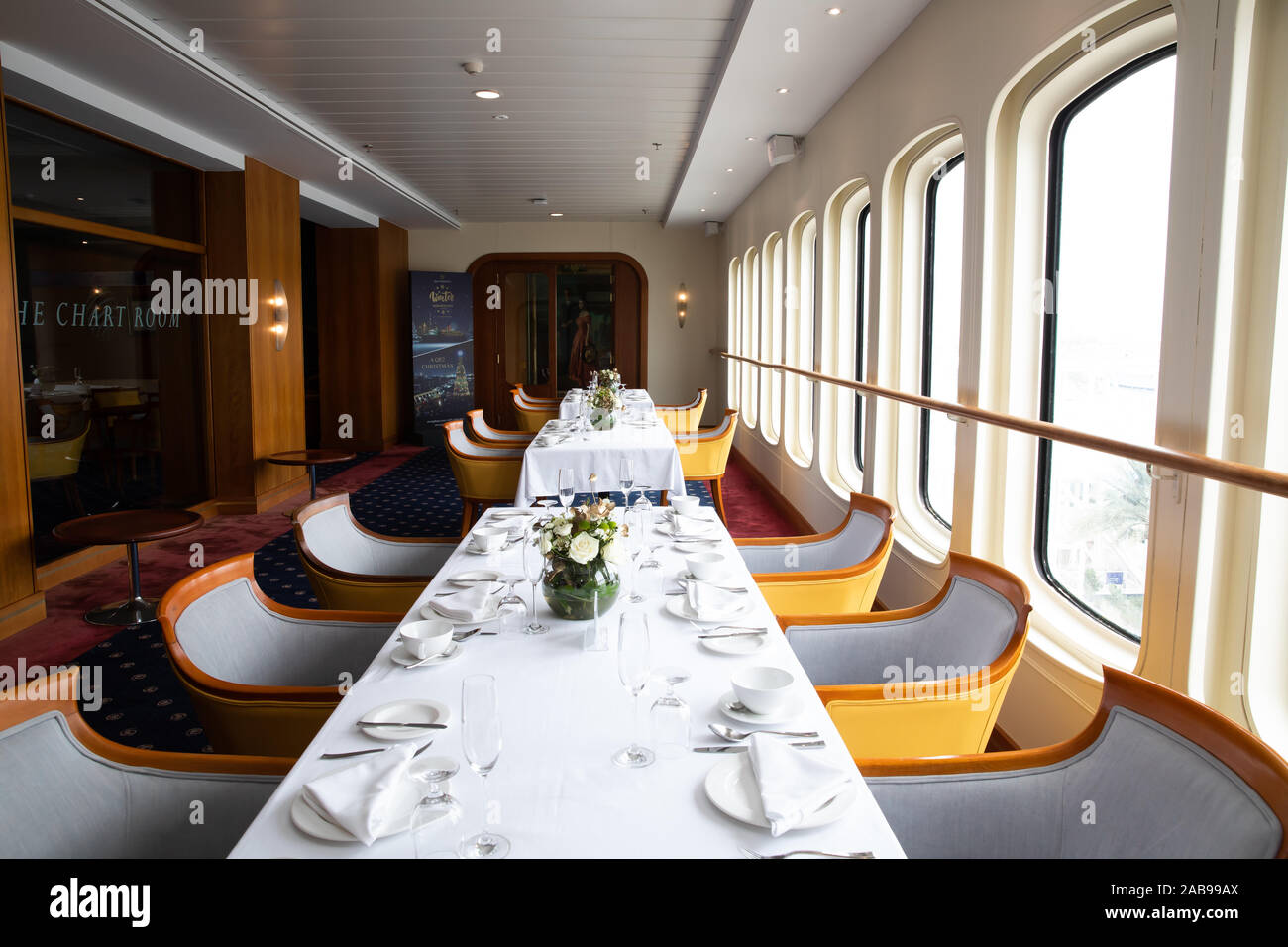 Dining room onboard Queen Elizabeth 2 docked in Dubai, UAE which is now ...