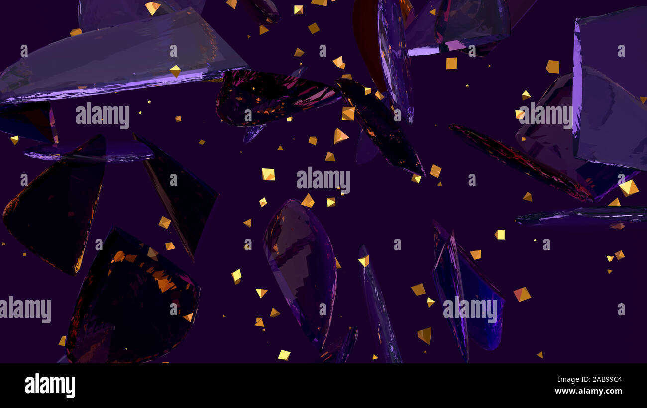 Abstract black background with glass shards and glitter. 3d rendering ...