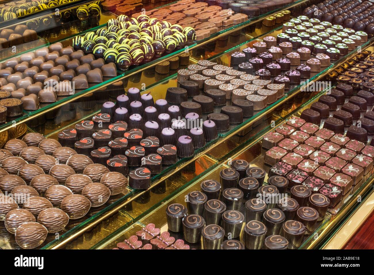 Chocolate candy in a store window. Stand with chocolates. Bulgaria ...