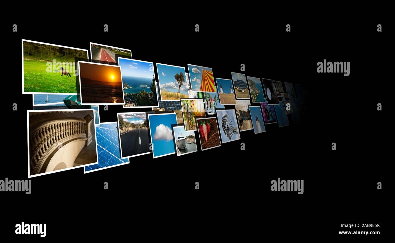 Perspective of images streaming from the deep on black background Stock ...