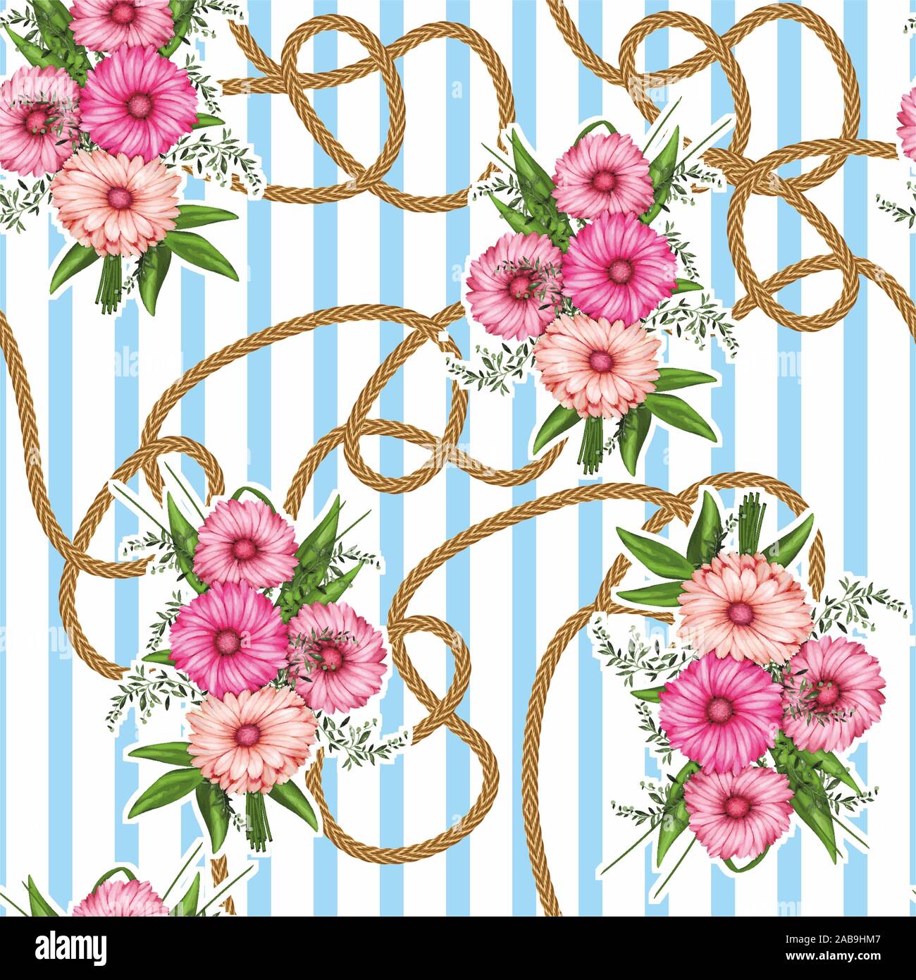 Cute colorful flowers background. Seamless Golden rope isolated.Green ...