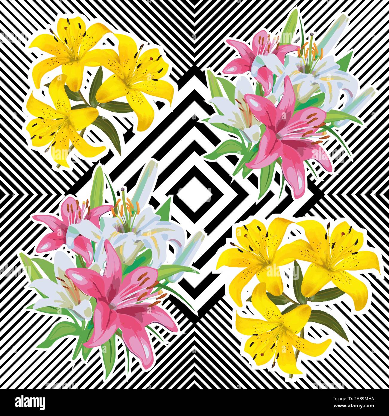 Colorful floral pattern on geometric shapes background. - vector Stock ...