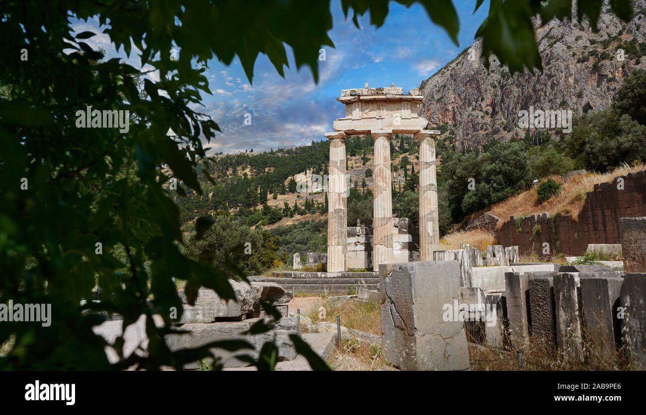 The circular Delphi Tholos temple with Doric columns, 380 BC, Sanctuary ...