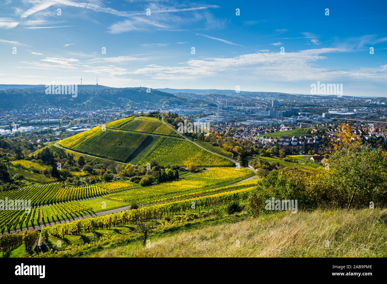 Germany, Stuttgart houses surrounded by colorful vineyards and forested ...
