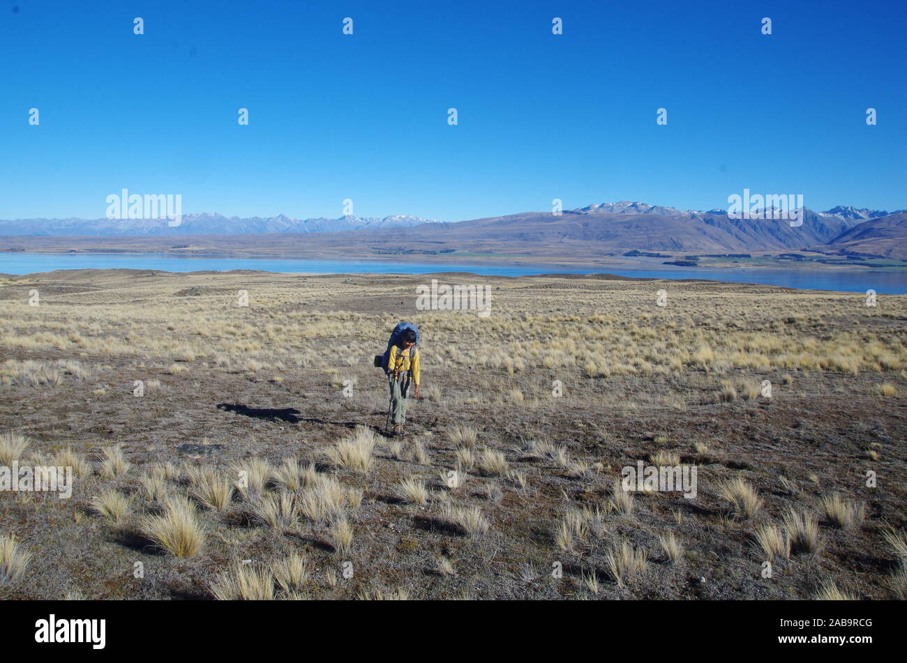 Thai female walker tramping. Lake Tekapo. Te Araroa Trail. Two Thumb ...