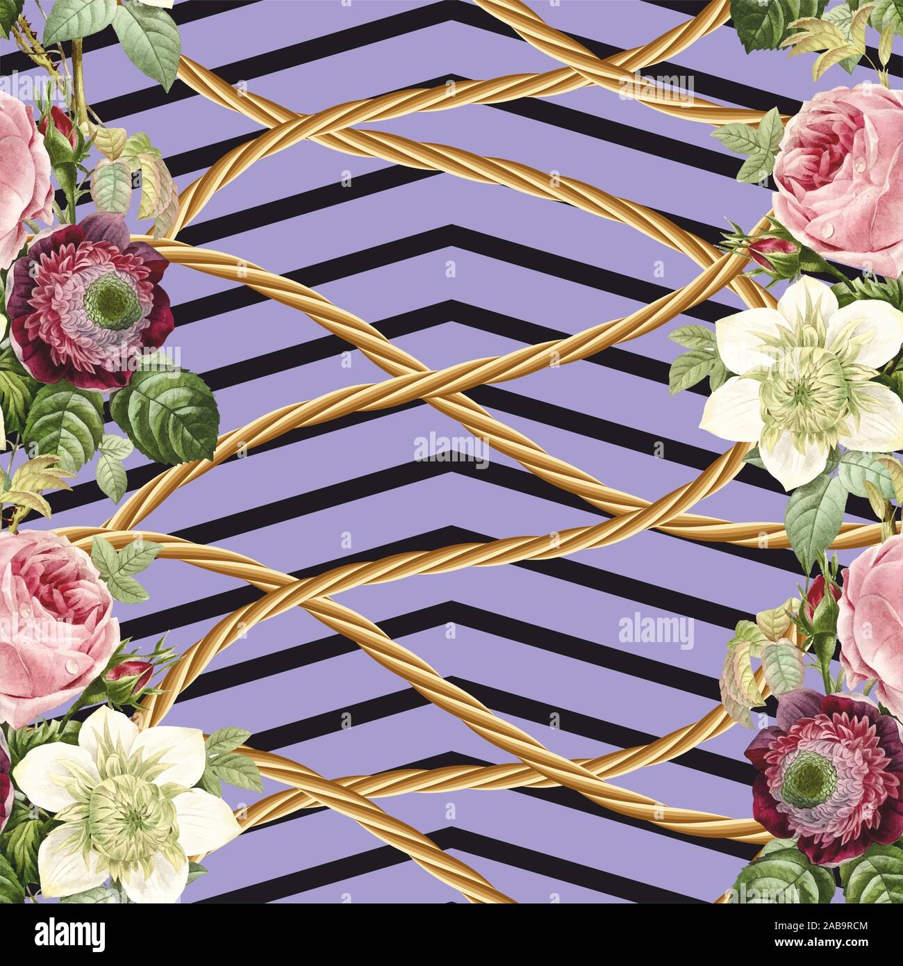 Seamless vintage flowers with golden rope on geometric background ...
