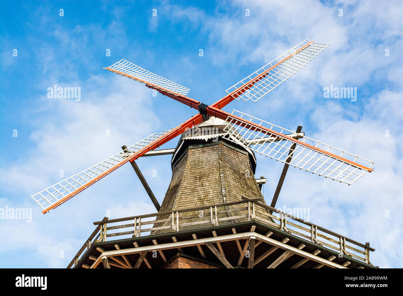 Jork, Germany - November 09, 2019. Old windmill rebuilt to restaurant ...