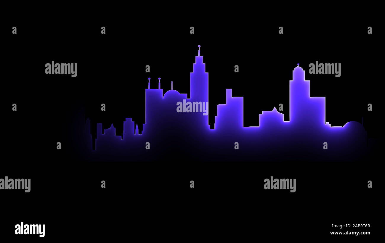 3D rendering of an abstract bright neon city silhouette. A luminous ...