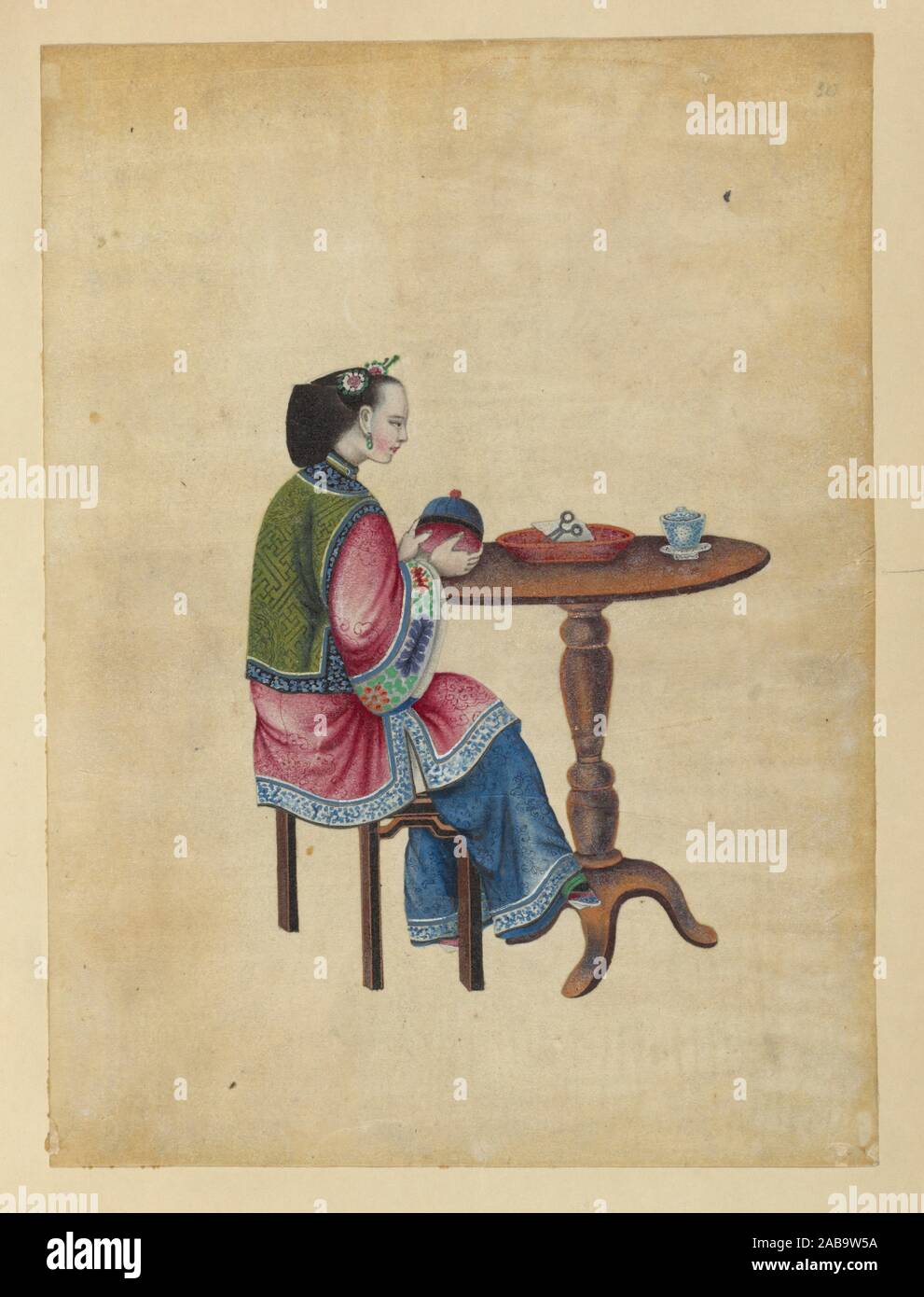 Drawing of a woman seated at a round table. Chinese drawings. Date ...