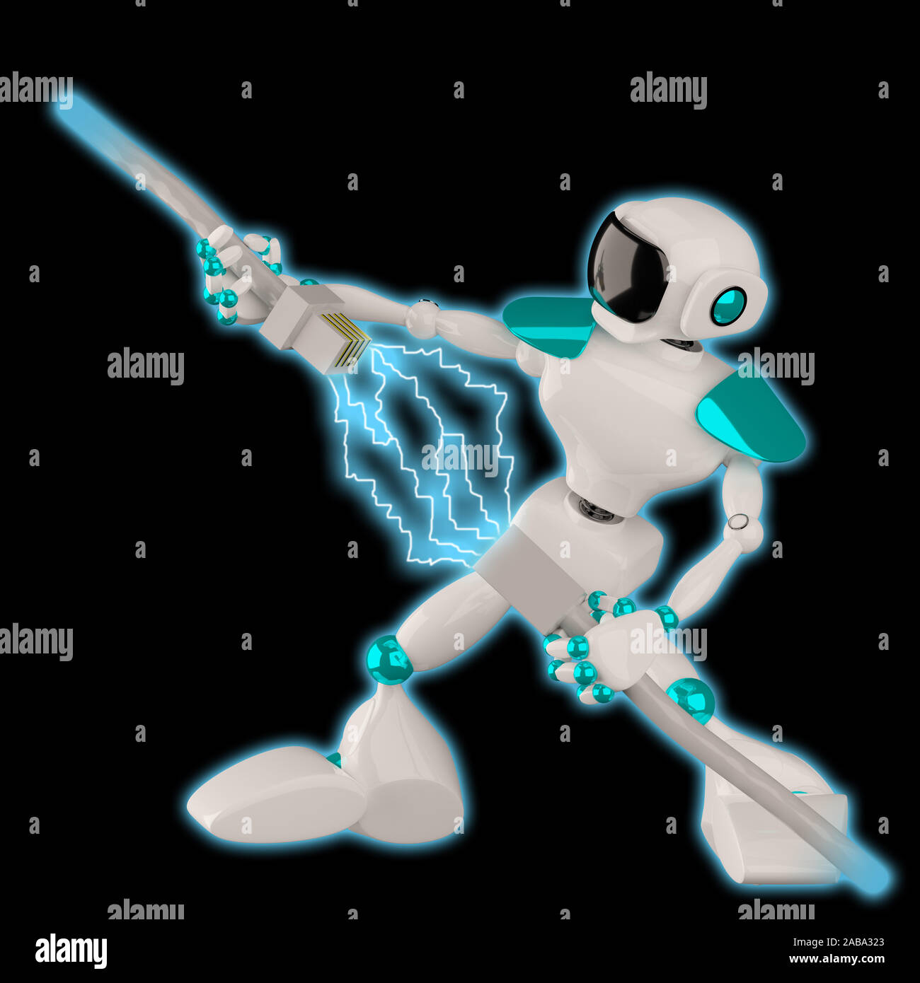 3D Illustration Robot Connects Two Cables on a Black Background Stock ...