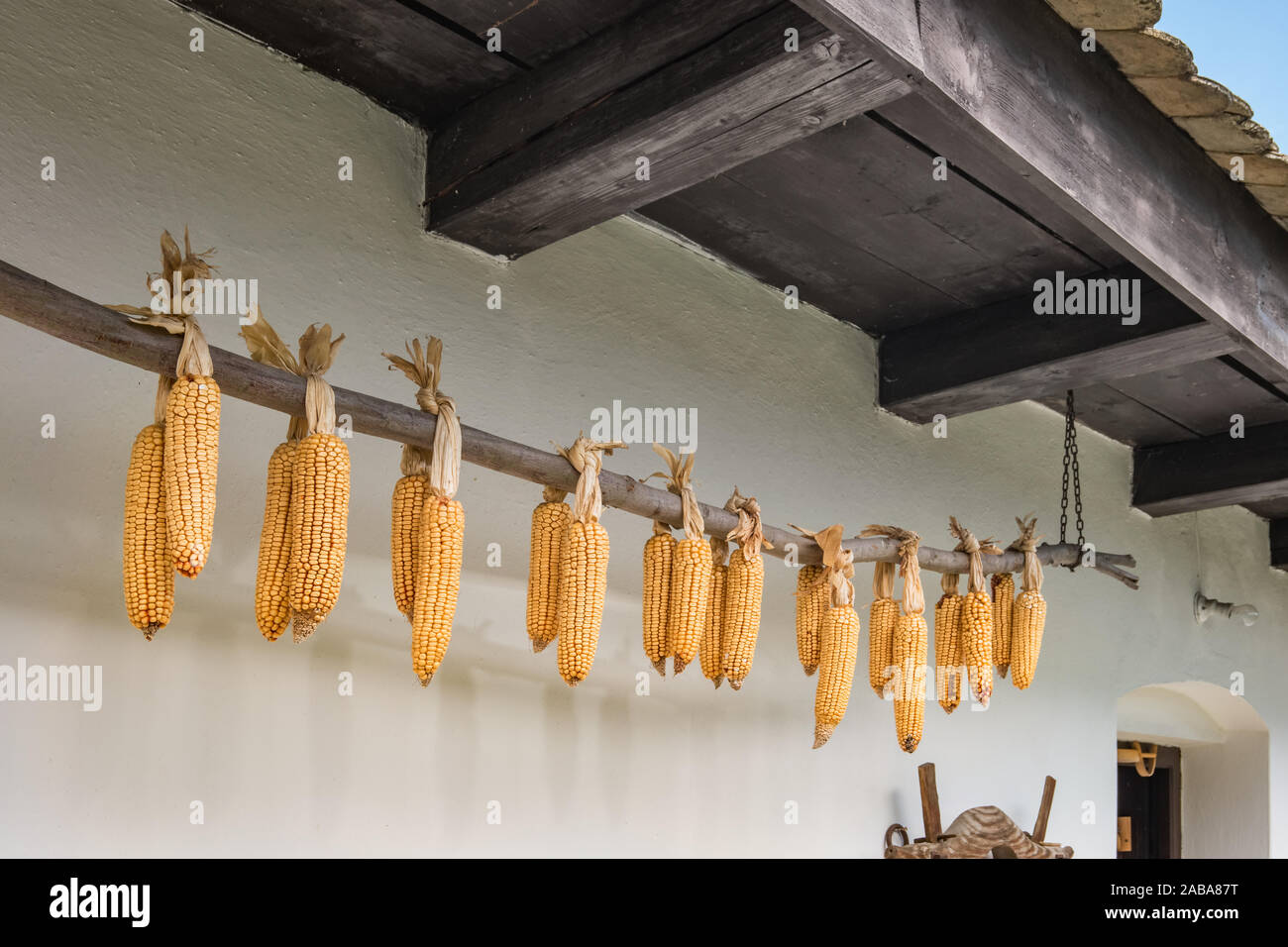 Corn hanging at a traditional house in Holloko Hungary Stock Photo - Alamy