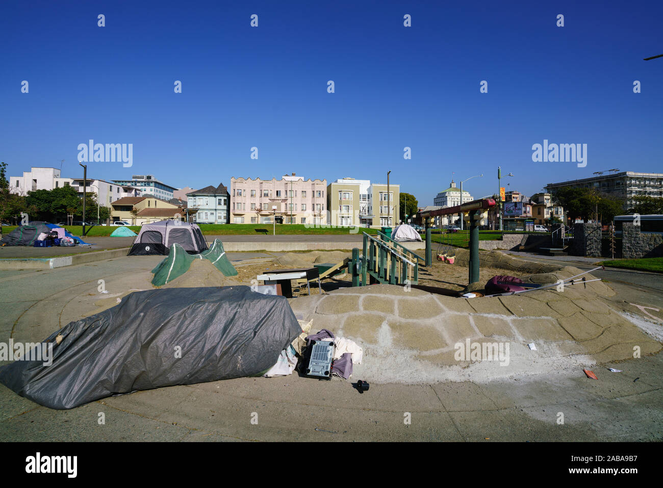 Park and Playground turned in to Homeless Encampment Stock Photo - Alamy