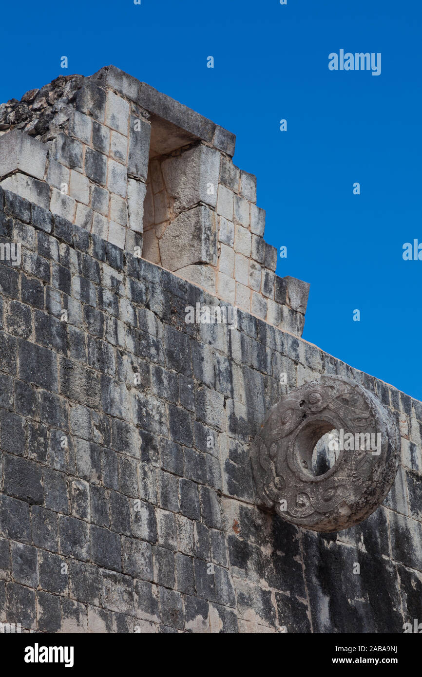 Detail of the Pelota stone ring and the umpire position of the Chichen ...