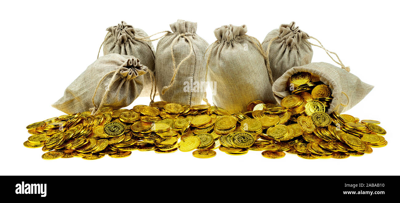 Stacking gold coin in treasure sack on white background Stock Photo - Alamy