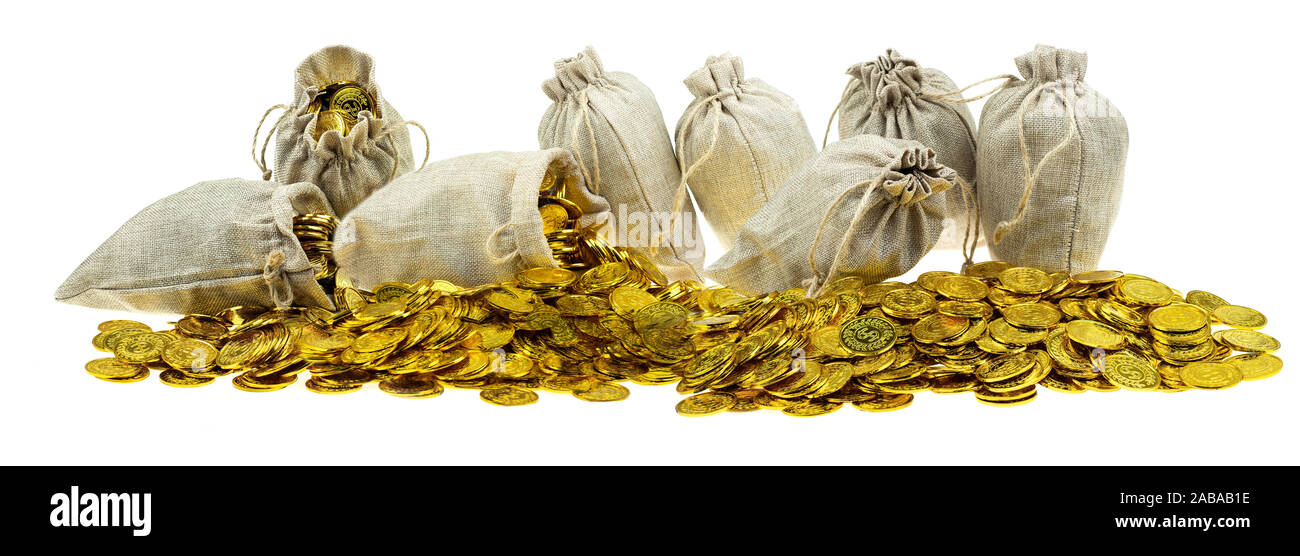 Stacking gold coin in treasure sack on white background Stock Photo - Alamy