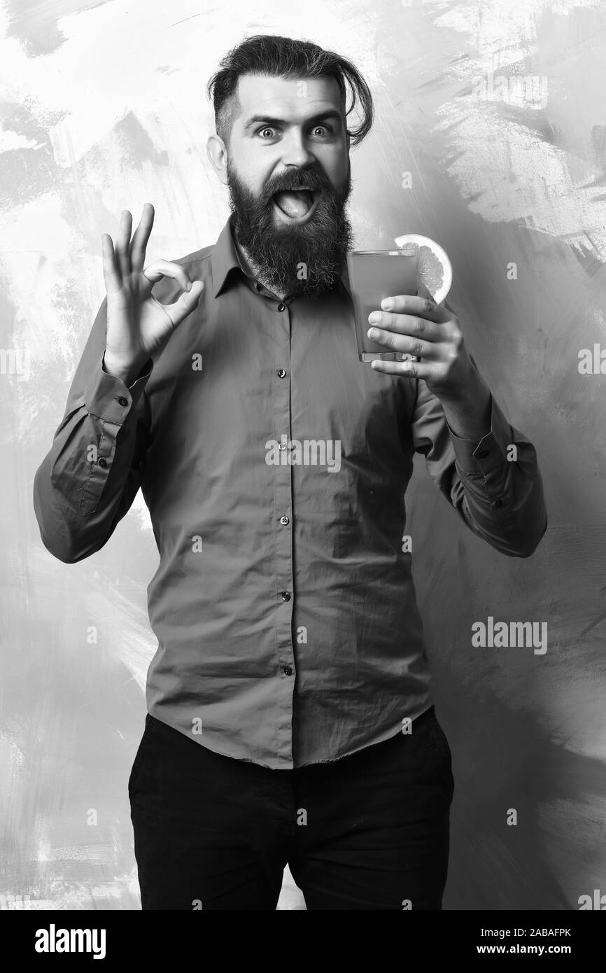 Bearded man, long beard. Brutal caucasian smiling happy hipster with ...