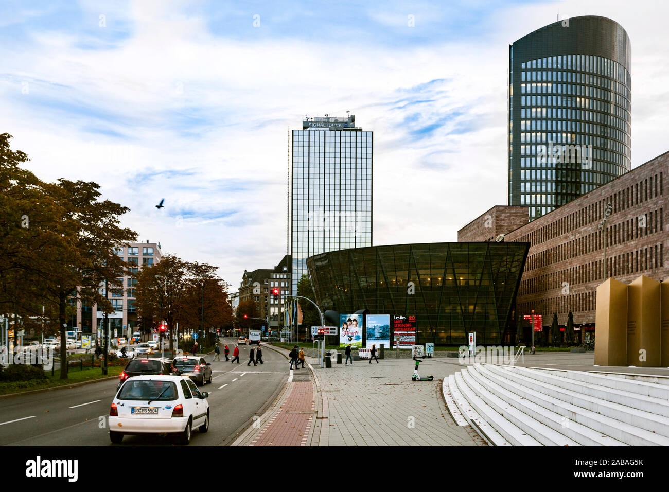 Downtown skyline on the forecourt of Dortmund Central Station with RWE ...