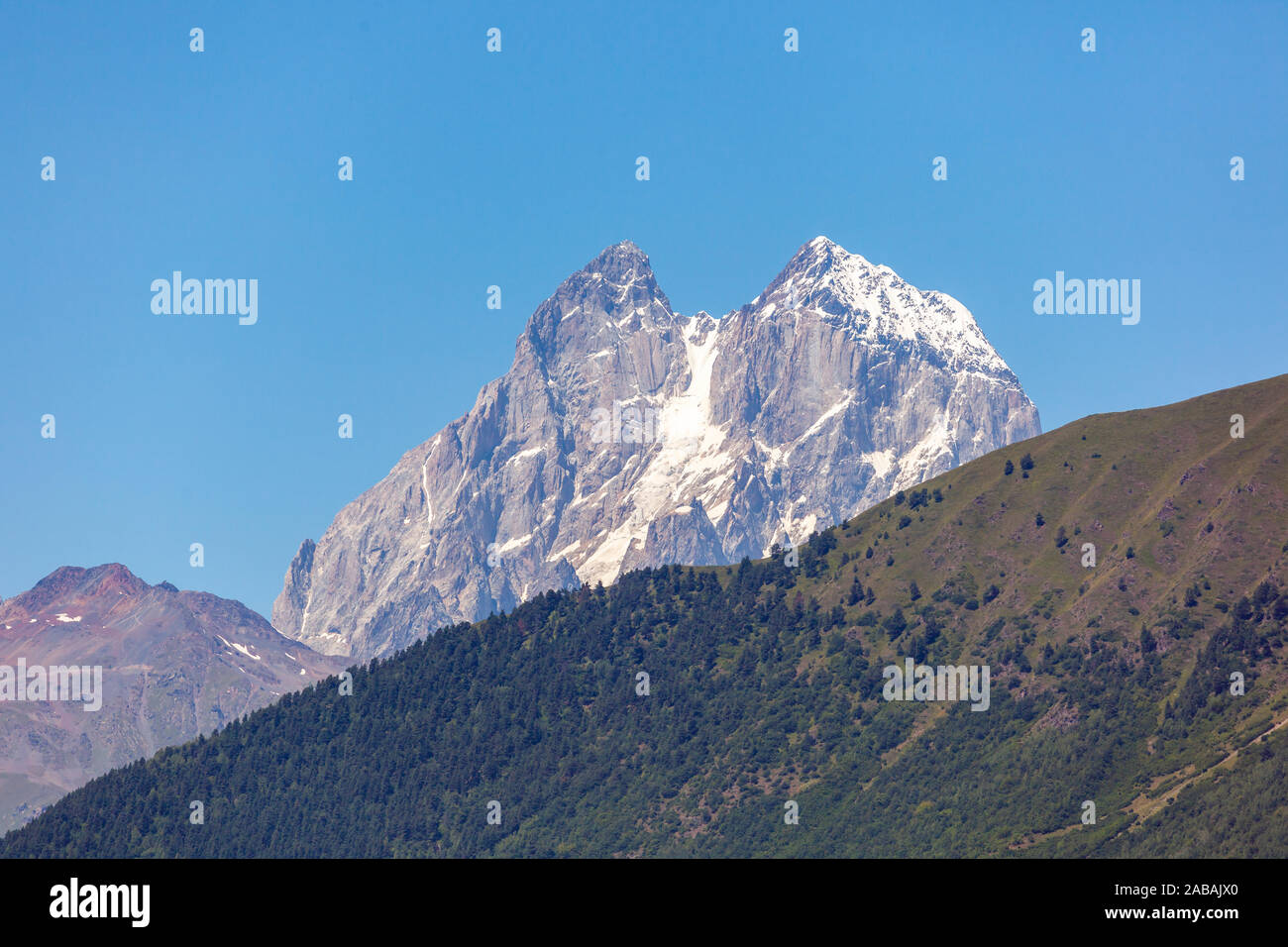 View of Mount Ushba. Ushba is one of the most notable peaks of the ...