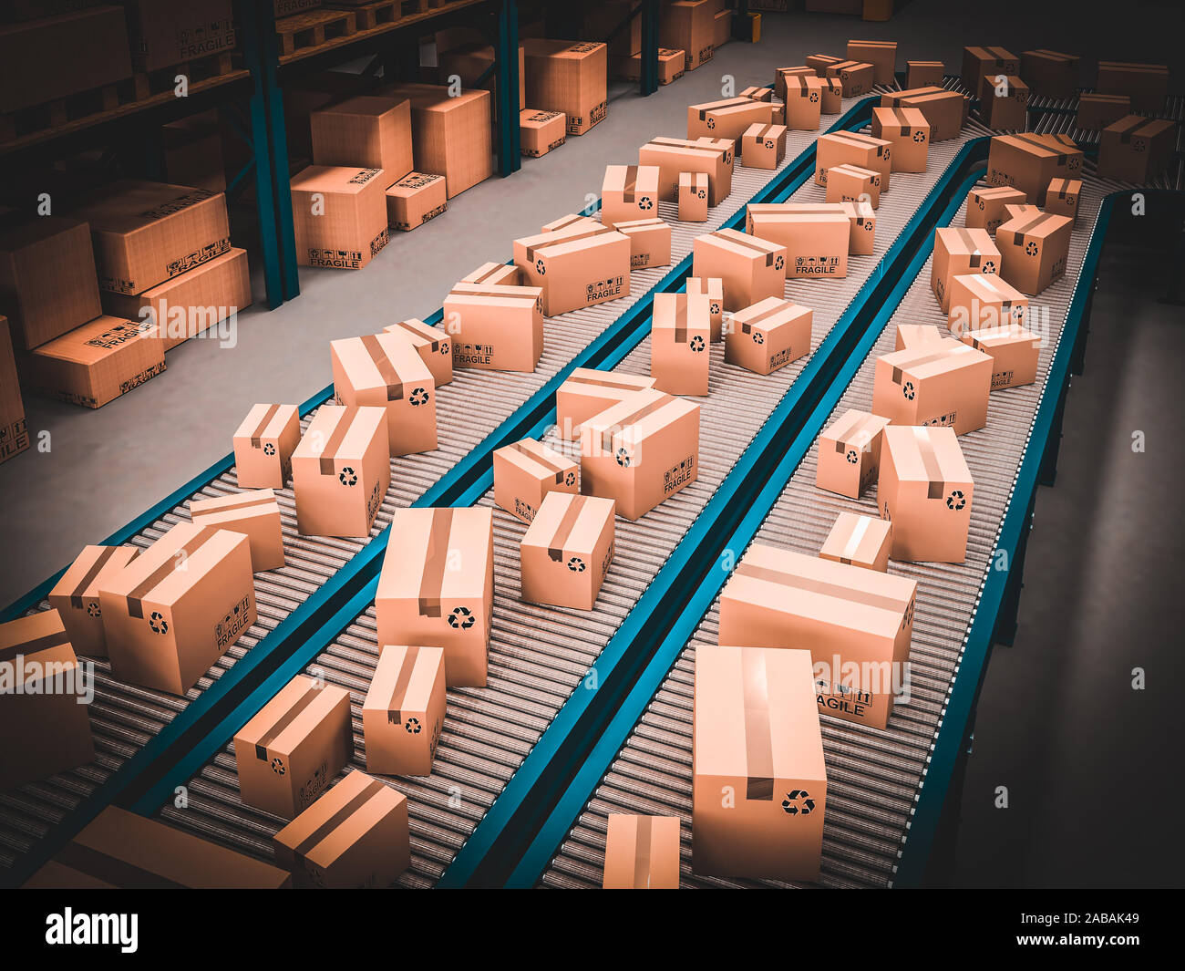 classic conveyor and boxes in warehouse 3d rendering image Stock Photo ...