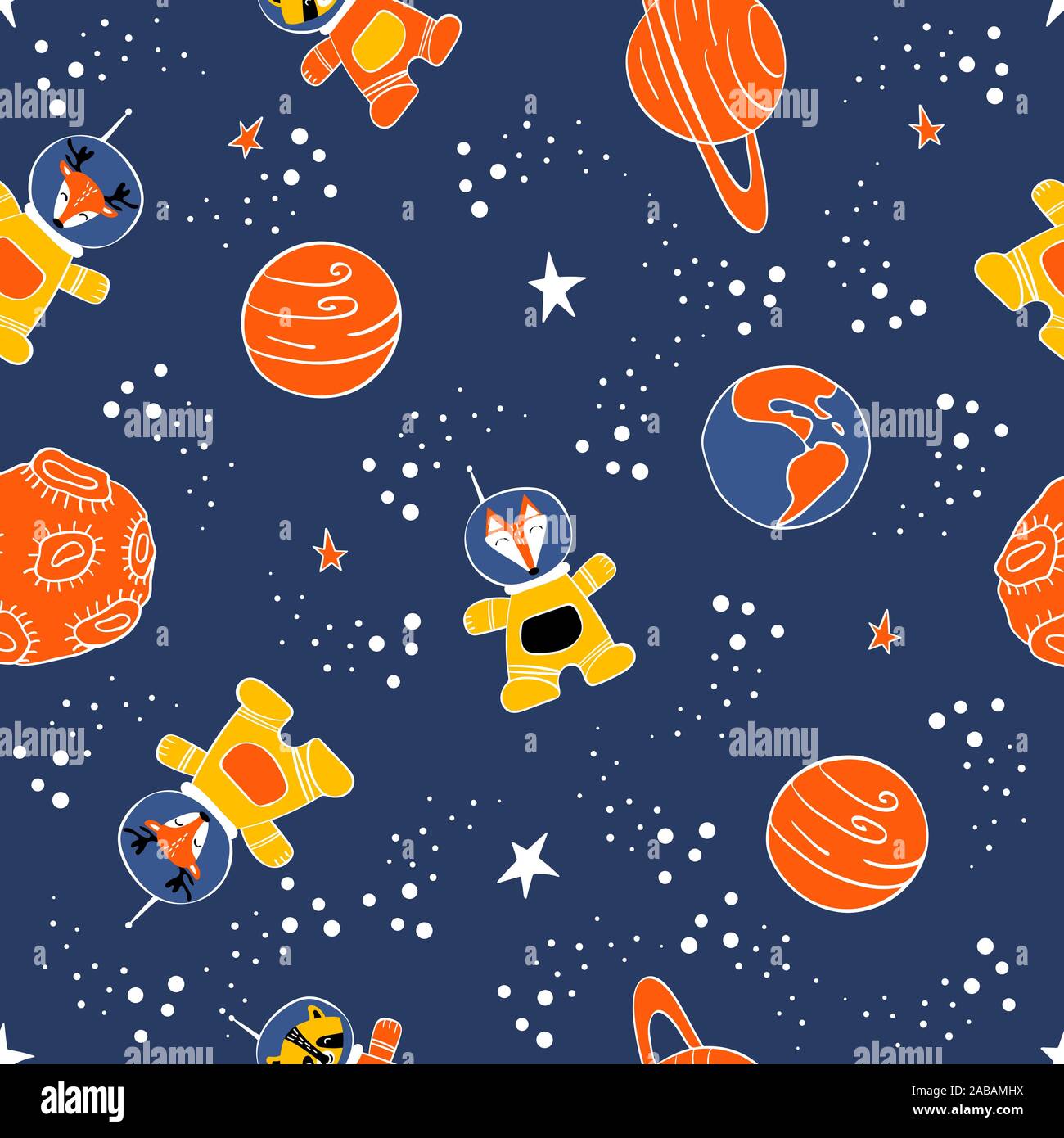 Seamless pattern with cute animals in space. Fox, raccoon and deer in ...