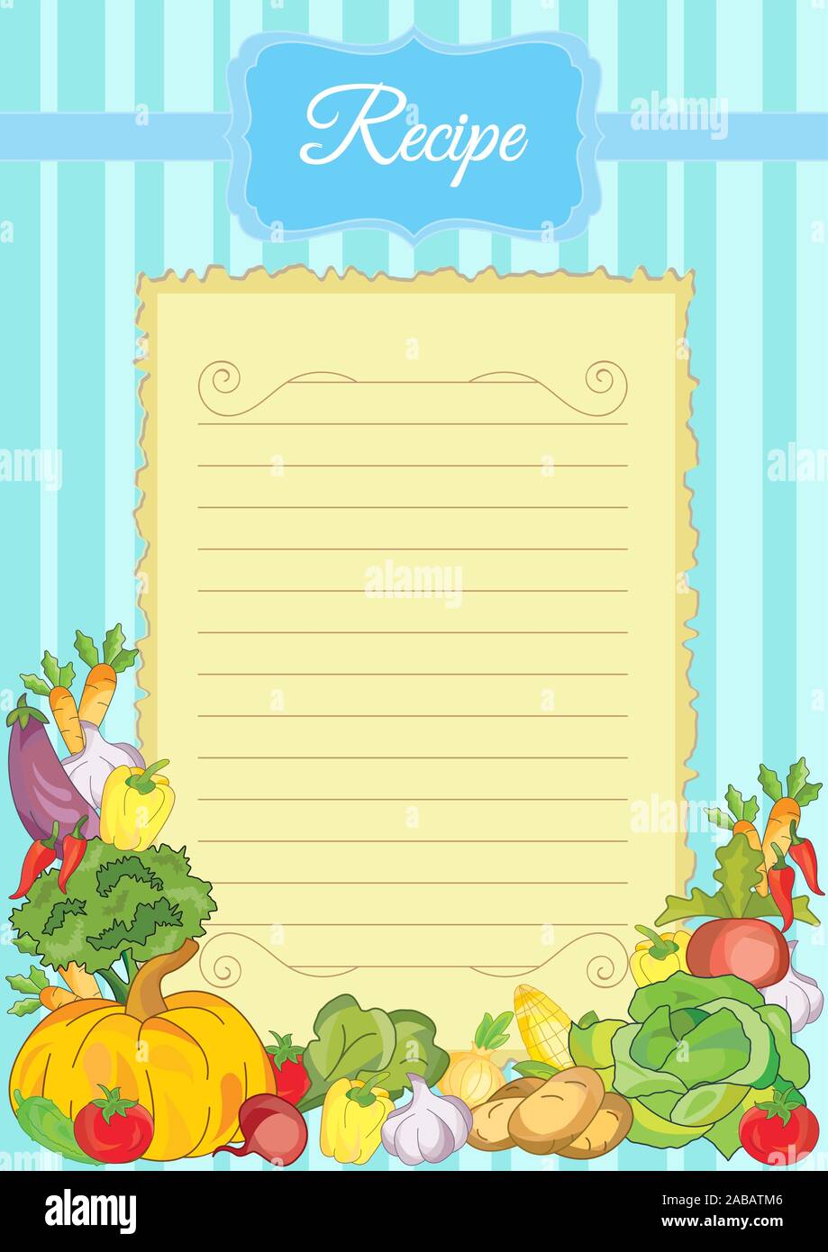 Note paper with vegetables. Paper for recipes. Form for recipes ...