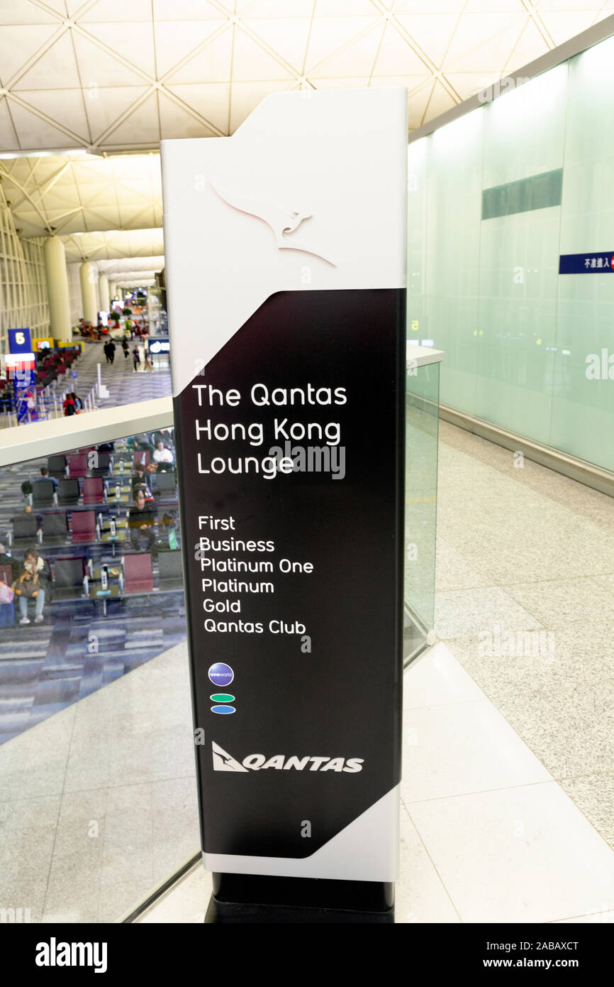 The sign to the Quantas lounge for business class passengers and travel ...