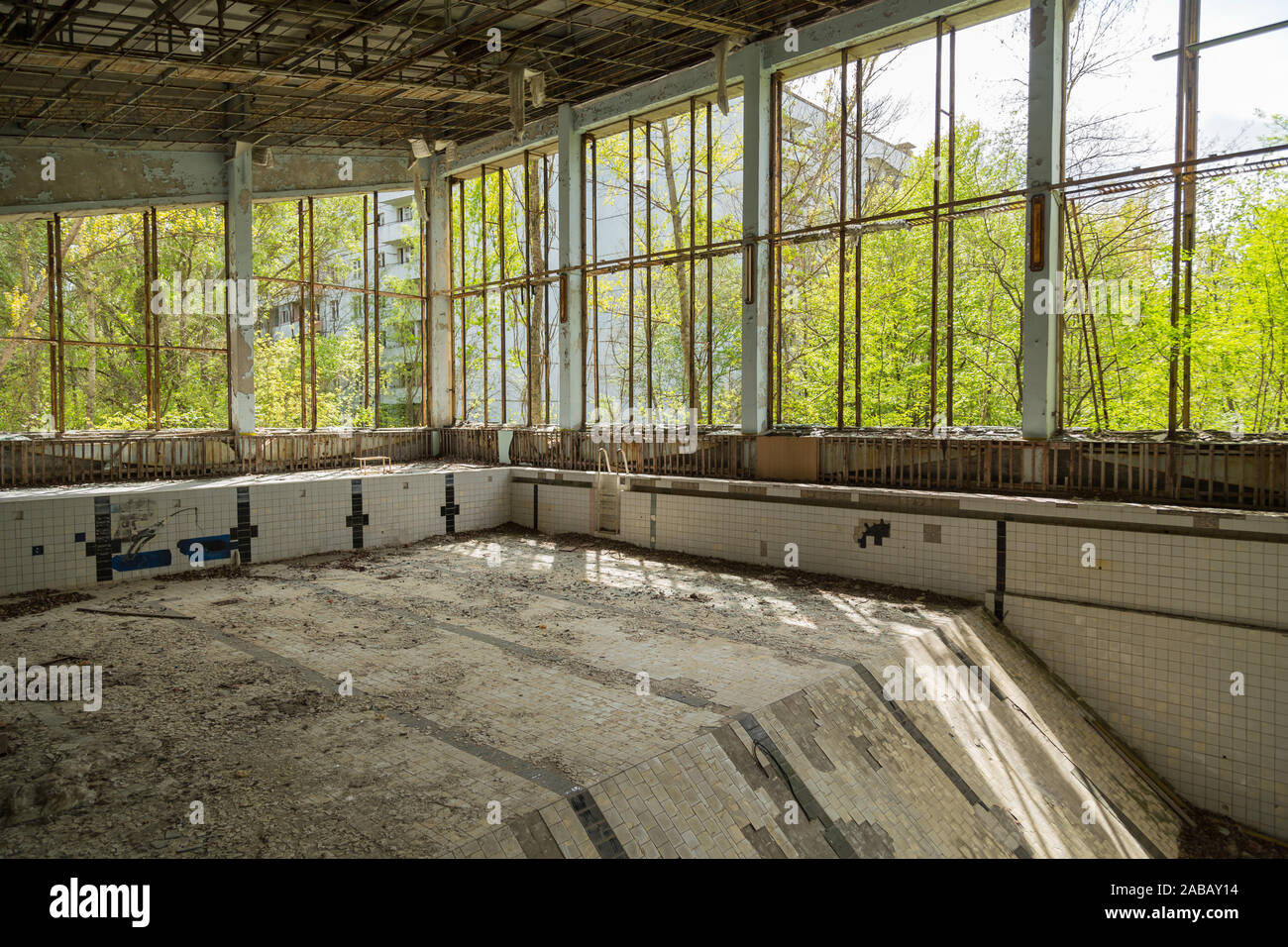 Chernobyl zone. Swimming pool in the city of Pripyat in Ukraine ...