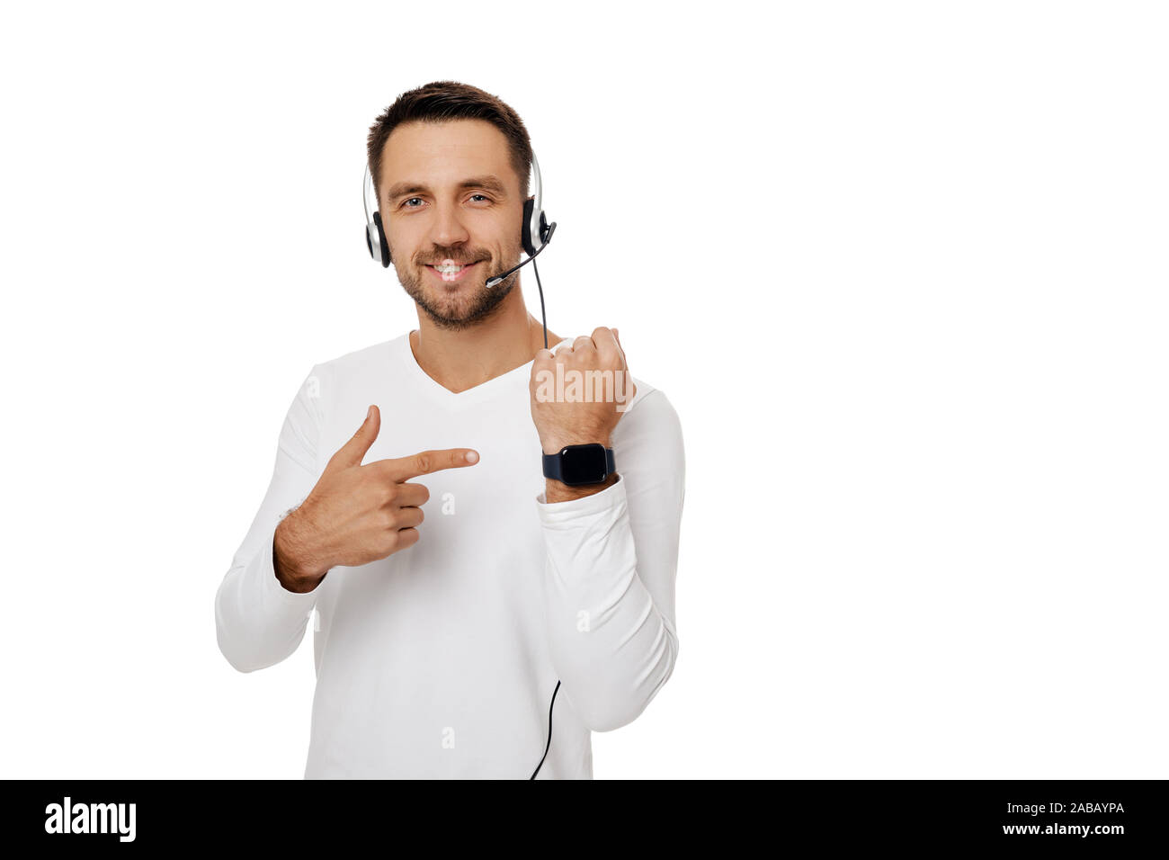 Call center worker man isolated on white background. handsome customer ...