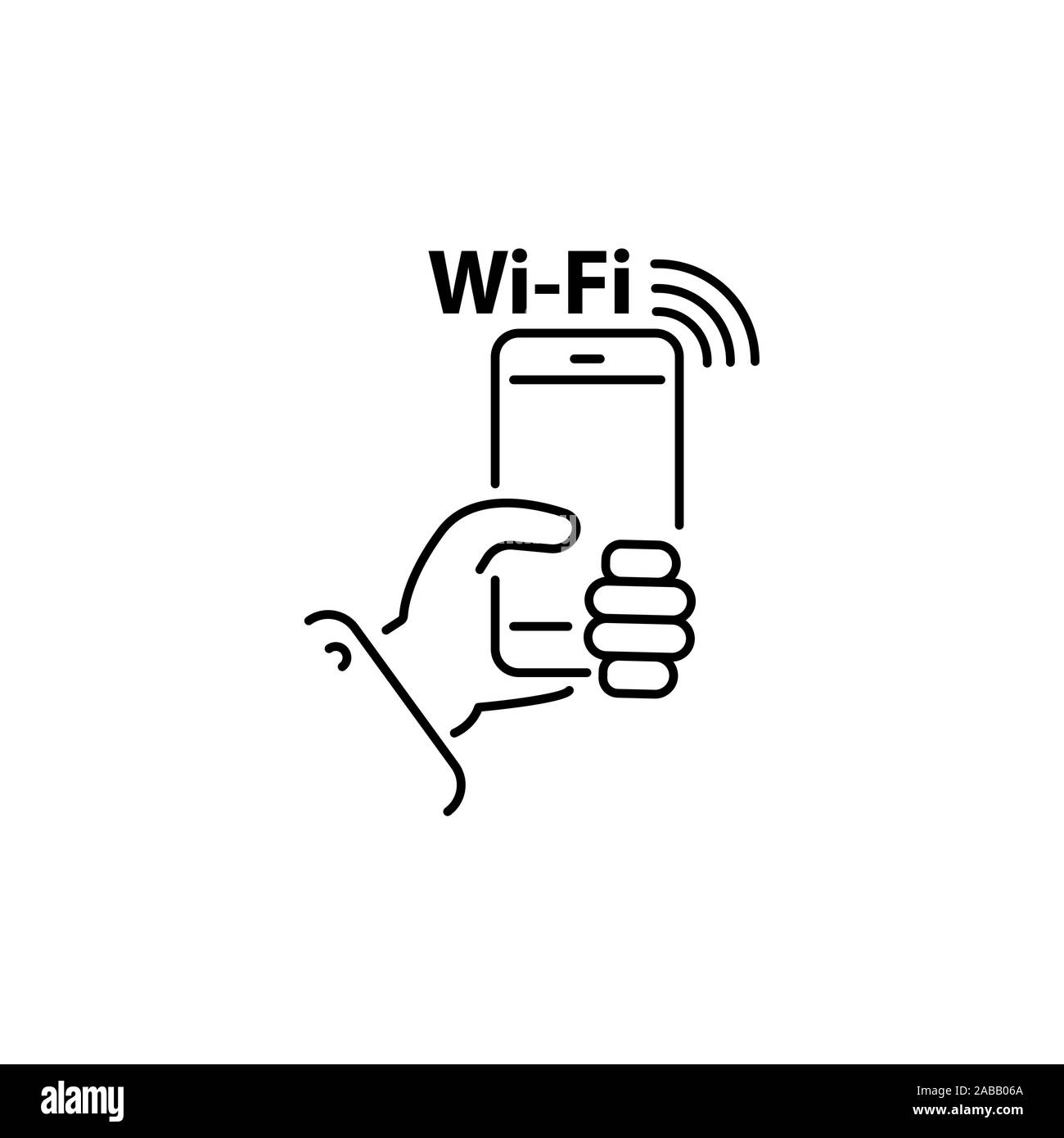 smartphone in hand and the inscription Wi-Fi line, linear vector icon ...