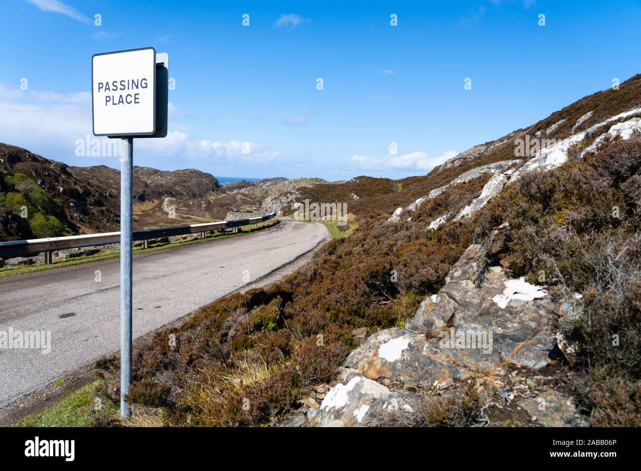 Single track road and passing place on the North Coast 500 scenic ...