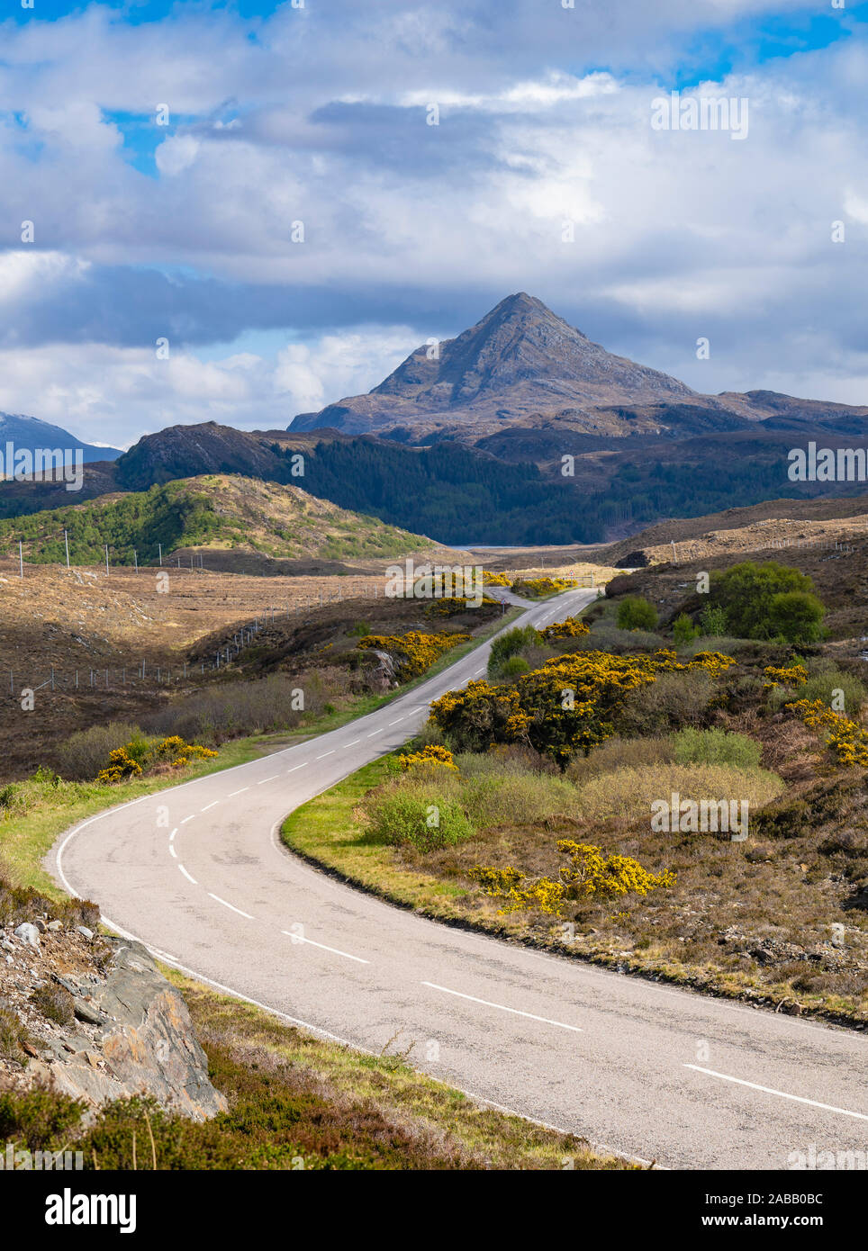 View of Ben Hope and highway on the North Coast 500 scenic driving ...