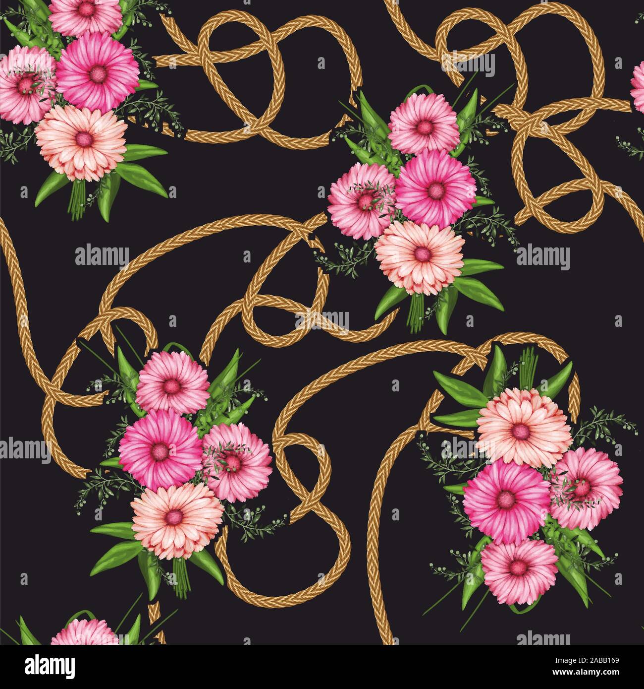 Cute colorful flowers background. Seamless Golden rope isolated on ...