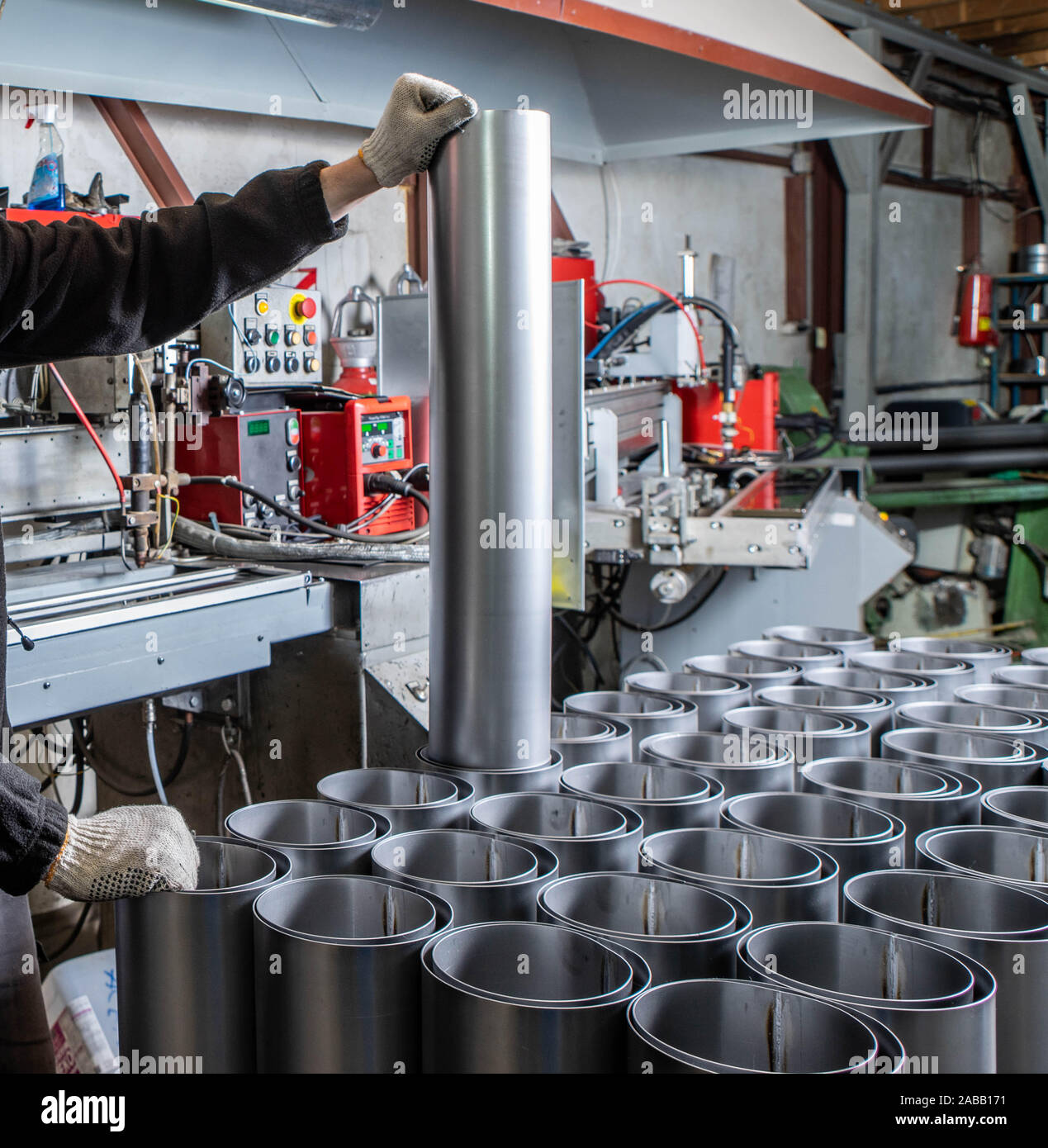 Welded seam on stainless steel ventlation pipes. Metal industry ...