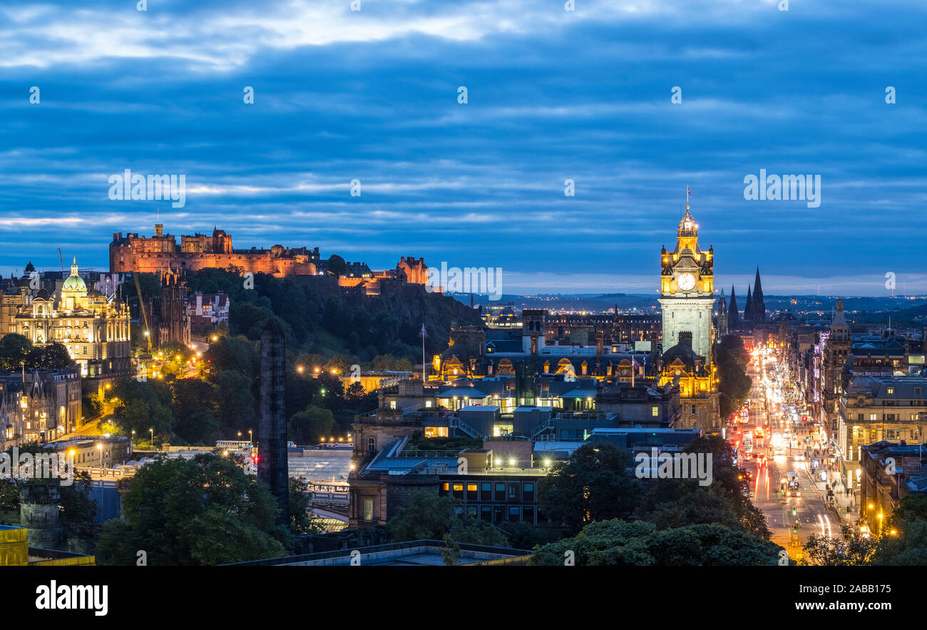 View of famous Edinburgh skyline at dusk in Edinburgh, Scotland, United ...