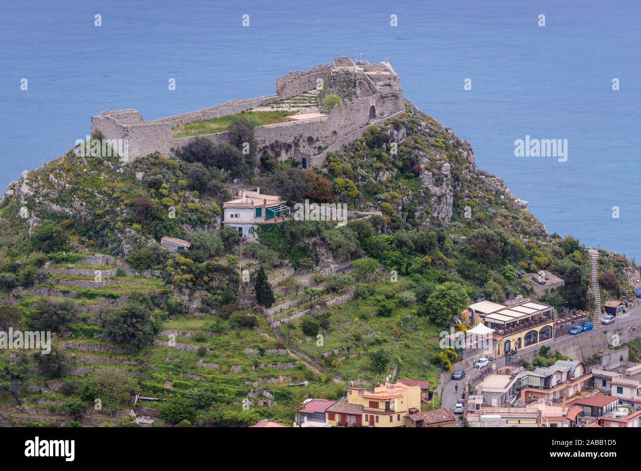 Saracen castle in Taormina city seen from Castelmola town in the ...