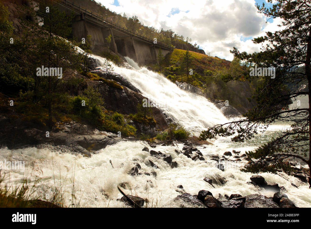 Waterfall Langfossand power station. National tourist route. Famous ...