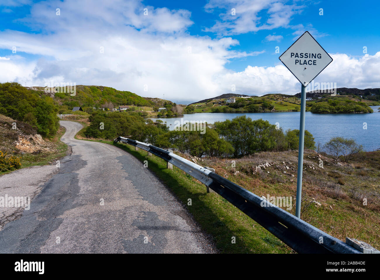 Single track road and passing place at Stoer on the North Coast 500 ...